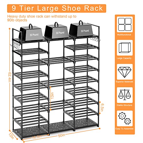 Huolewa Shoe Rack Storage Organizer, 9 Tier Large Shoes Rack for Entryway Closet Garage, Free Standing Tall Shoe Shelf Stand, Sturdy Big Metal Shoe Rack for 50-55 Pair Shoe Boot