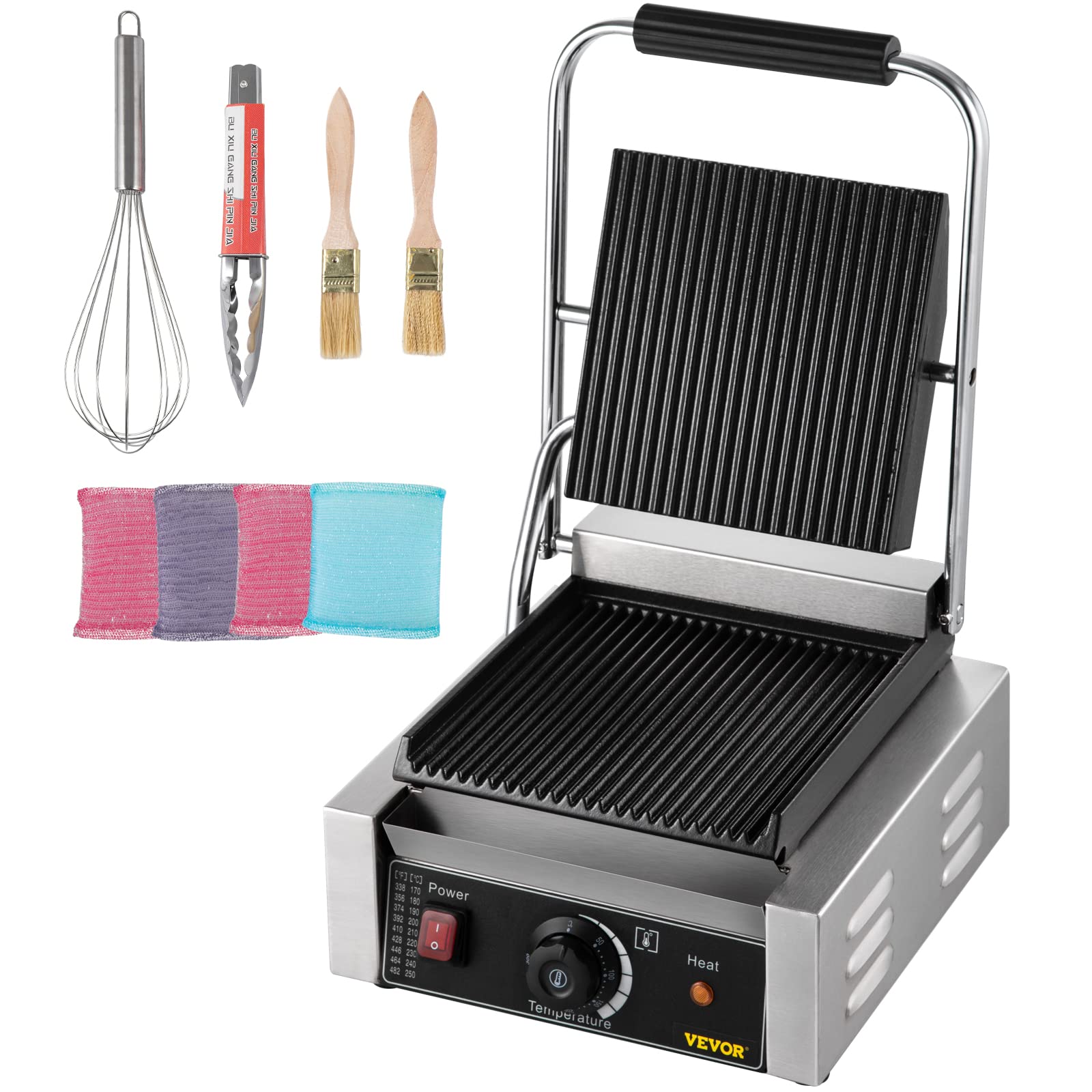 Happybuy Commercial Sandwich Panini Press Grill,1800W Single Flat Plates Electric Stainless Steel Sandwich Maker, Temperature Control 122°F-572°F for Hamburgers Steaks Bacons