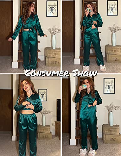 Ekouaer Womens Silk Pjs Long Sleeve Sleepwear Satin Pajamas Top and Pants Set Two Piece Sleep Set Dark Green