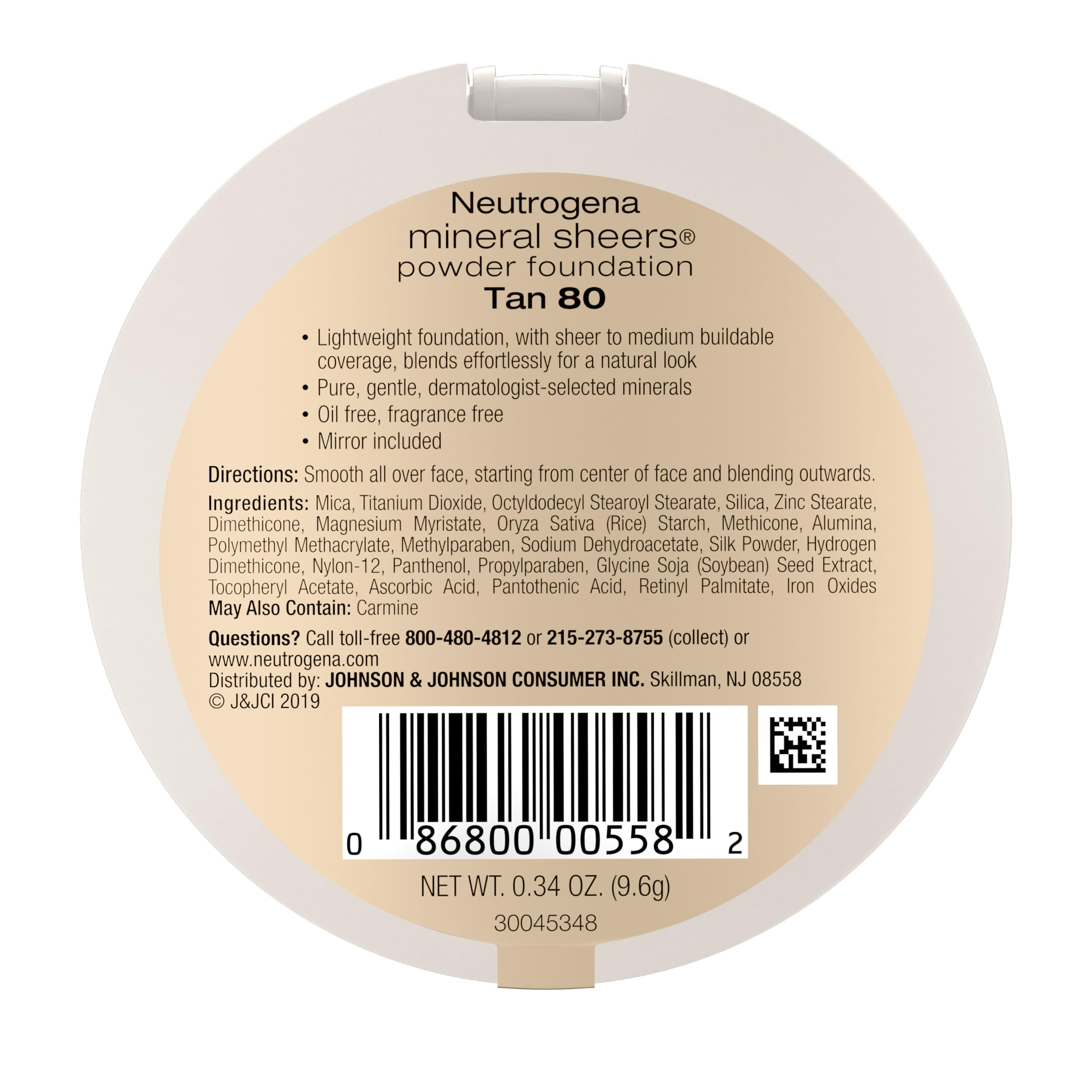 Neutrogena Mineral Sheers Compact Powder Foundation, Lightweight & Oil-Free Mineral Foundation, Fragrance-Free, Tan 80,.34 oz (Pack of 2)