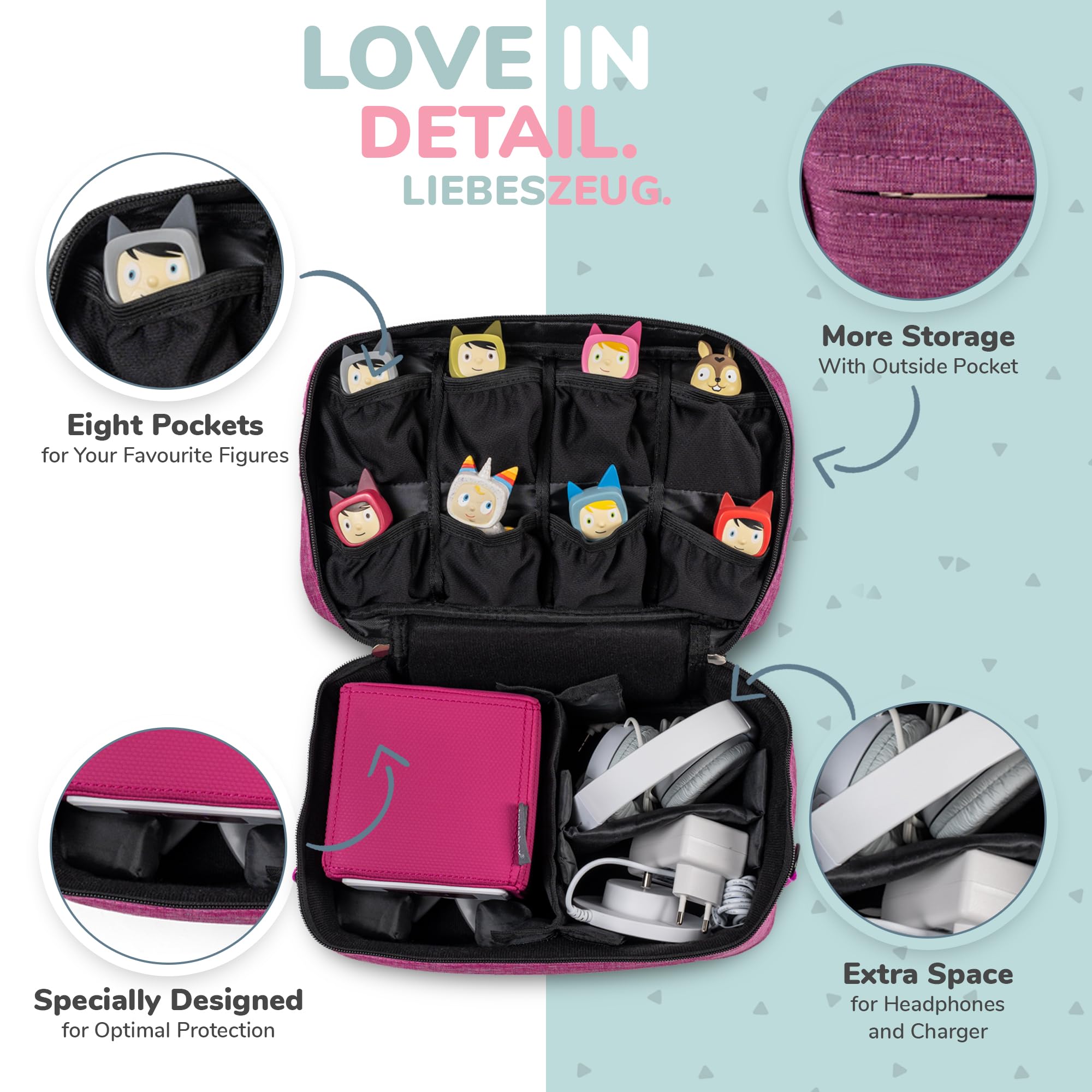 Liebeszeug – Carrying Case for Toniebox Starter Set | Compact Tonies Storage Travel Bag | Fits Tonie Box, Creative Tonie Figures & Characters, Charger, Headphones & More | Designed in Austria