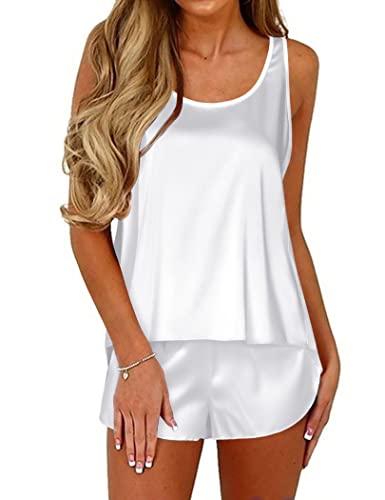 Ekouaer Womens Satin Pajamas Set Back Split Top and Shorts Silk Pj Set Tank Sleepwear S-XXL White