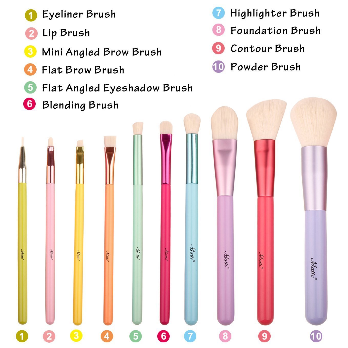 Matto Makeup Brushes 10-Pieces Colorful Wood Handles Synthetic Hairs Makeup Brush Set with Cosmetic Brush Holder