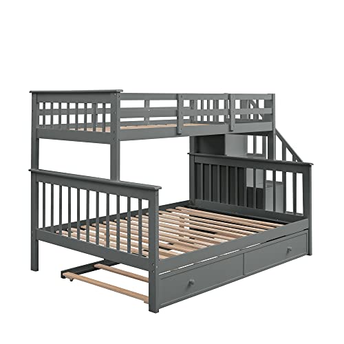 FIQHOME Stairway Twin-Over-Full Bunk Bed with Twin Size Trundle,Bunk Bed Frame Convertible into 2 Beds Storage and Guard Rail for Bedroom, Dorm, for Adults,Gray