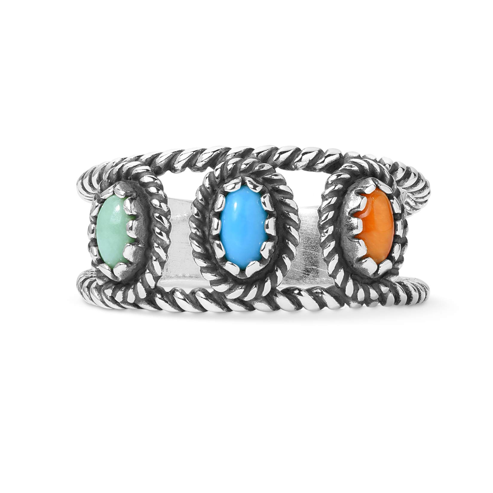 American West Sterling Silver Orange Spiny Oyster, Turquoise and Green Variscite Gemstone 3-Stone Band Ring Size 5