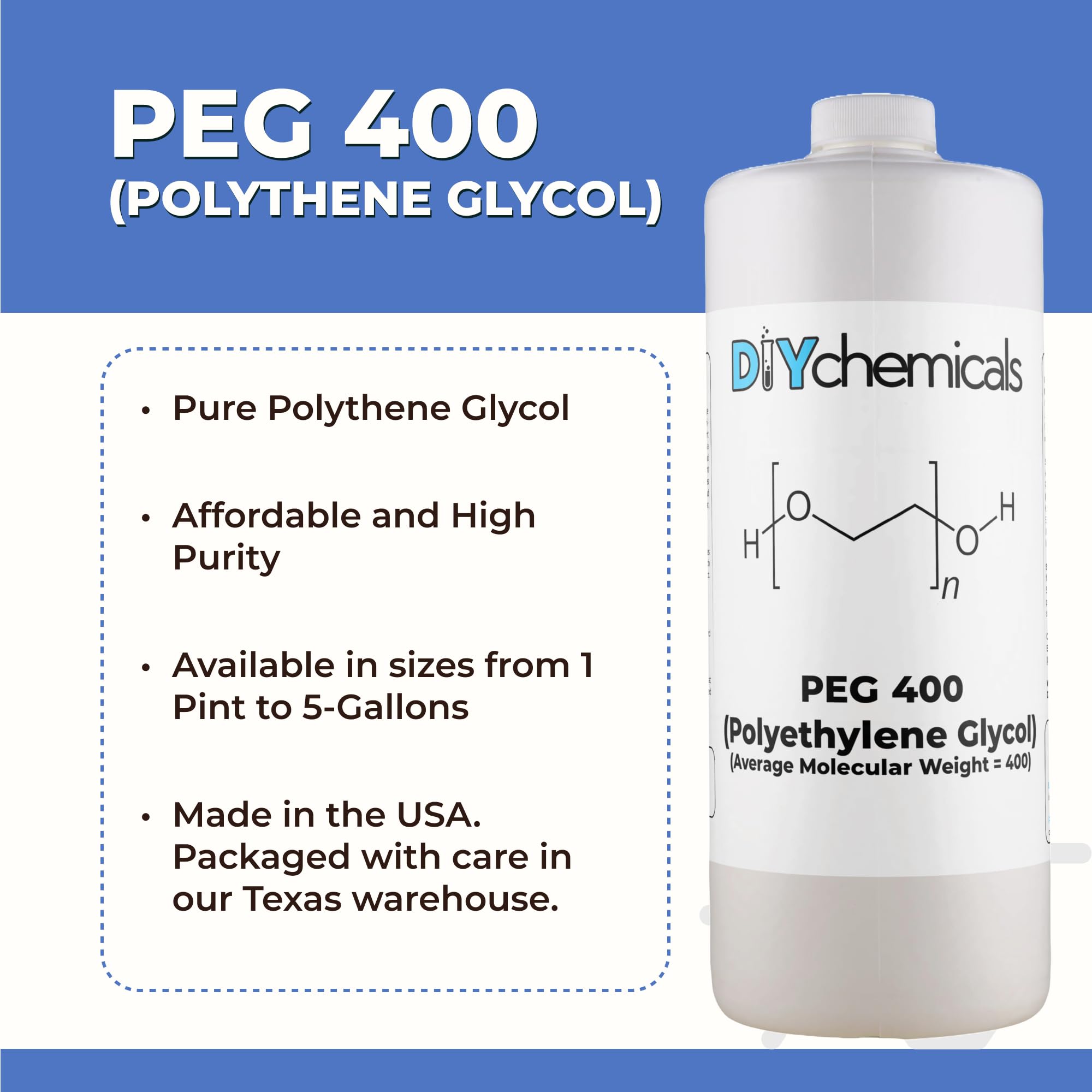 DIYChemicals Polyethylene Glycol PEG 400 for Industrial Manufacturing, Fog Machines, Antifreeze, Solvent, Humectant β Non-Toxic, Odorless, Bulk - 1 Pint