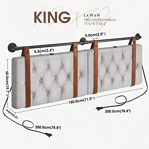 GREENSTELL Wall Mount Headboard with USB for King Size Bed, Linen Fabric Headboard Only, Industrial Pipe Modern Style, Gray Hanging Head Boards, Durable, Comfortable, Button Upholstered for Bedroom
