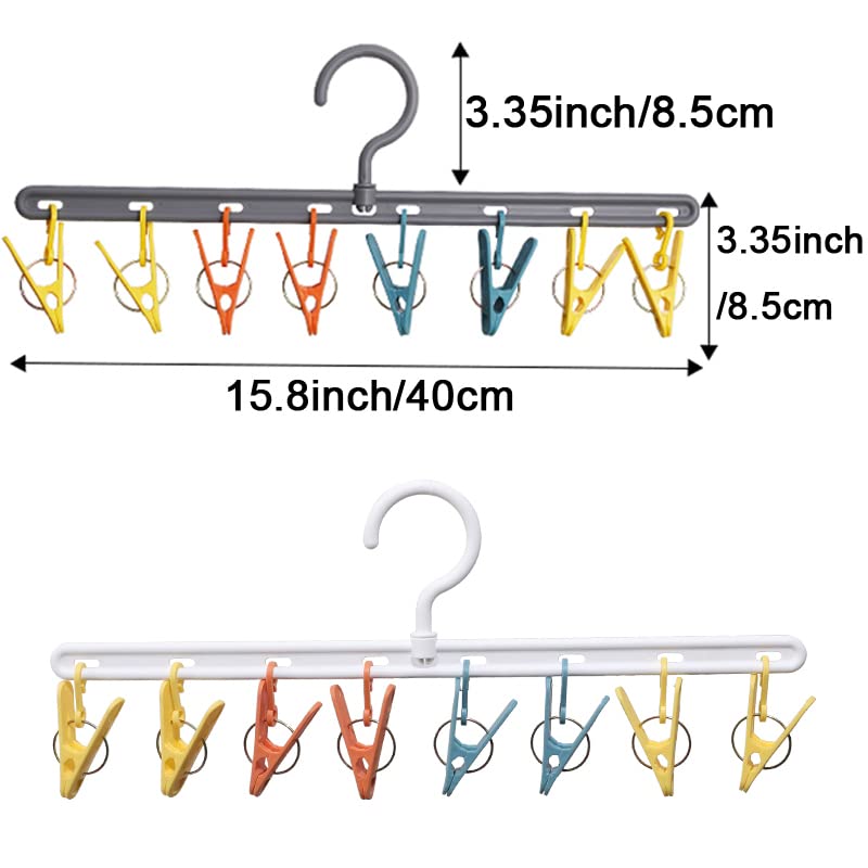 Foshine Clothes Hanger with 8 Color Clips 2 Pack Clothes Drying Racks Windproof for Drying Socks Bras Underwears Baby Clothes, Hats Scarfs Towels Pants and Gloves Diaper White Gray
