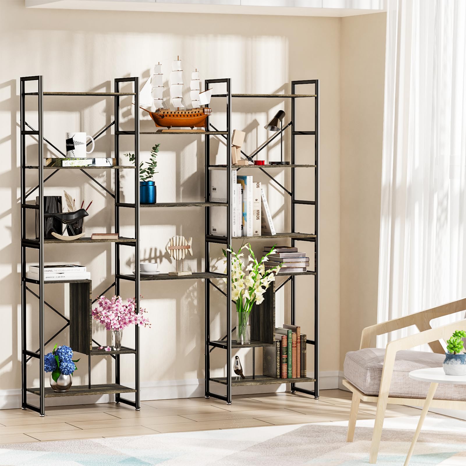 BALLMENT Large Bookshelf,Triple Wide 5 Tier Book Shelf,Industrial Metal Bookacse with 15 Open Display Shelves,Modern Rustic Brown Bookshelve for Office, Living Room,Kitchen,Library - Rustic Brown