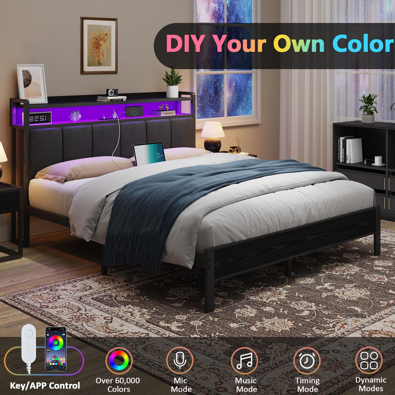 CHABUILDREARK Full Size Bed Frame with Storage Headboard, Upholstered Platform Bed with Charging Station and LED Lights, Heavy Duty Metal Slats, No Box Spring Need, Easy Assembly, Dark Grey