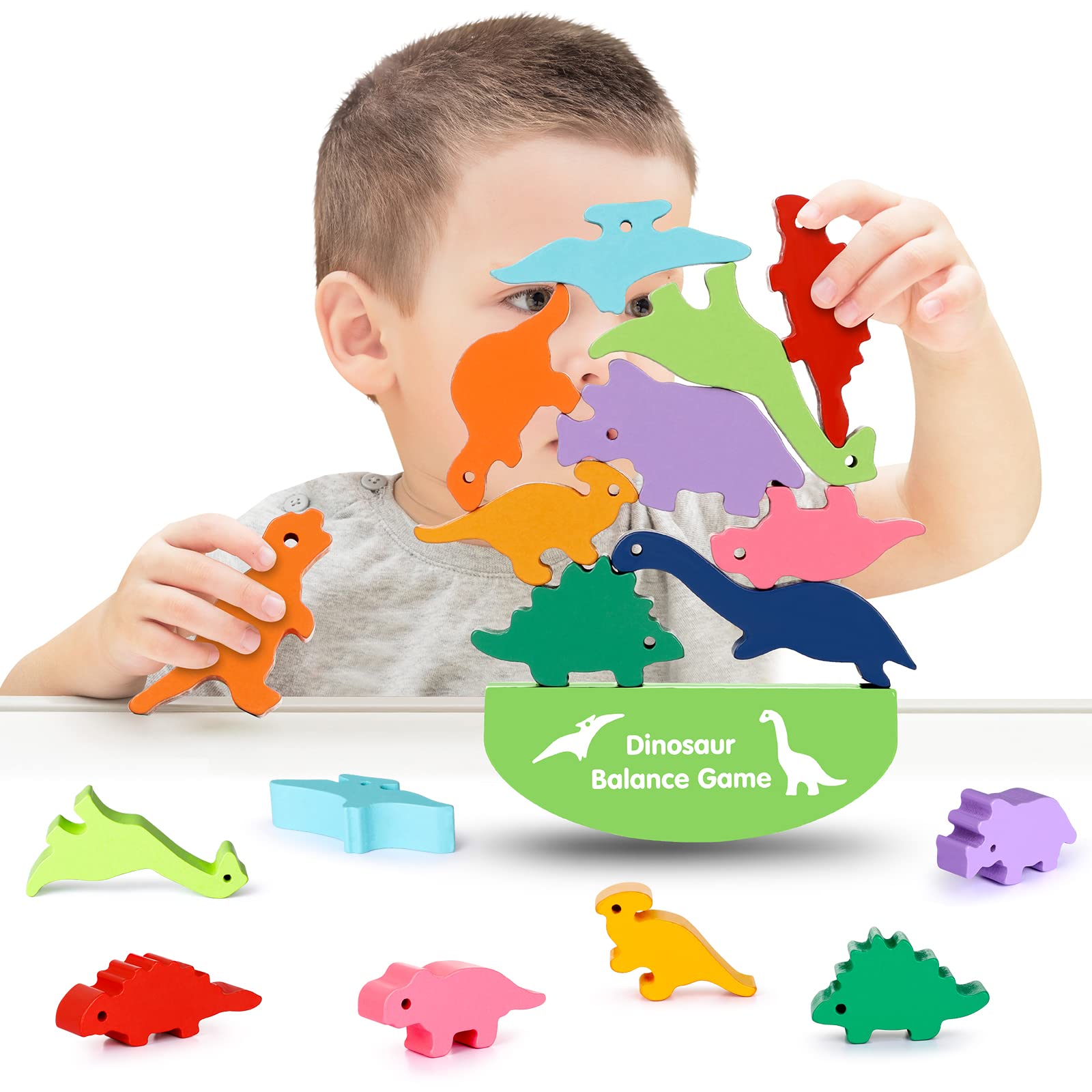 FRONOR Toys for 3-7 Year Old Boys Girls, Dinosaur Building Wooden Blocks STEM Montessori Educational Stacking Toys Birthday Toys Gifts for 3 4 5 6 7 Year Old Girls Gifts (Green)