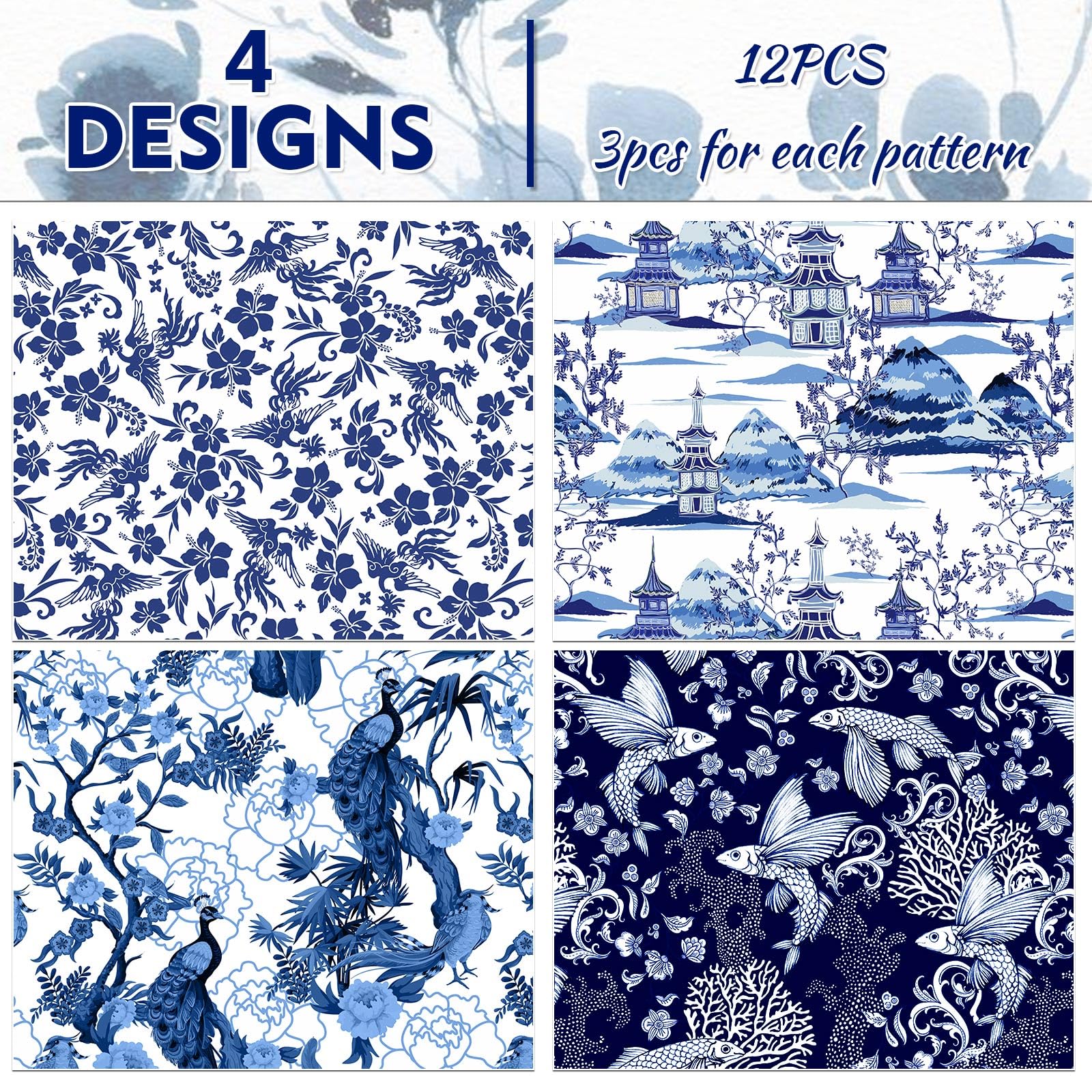 Bolsome 12 Sheets Blue White Chinoiserie Wrapping Paper Blue White Vintage Peony Floral Bird Fish Patterned Gift Wrap Paper for Wedding Bridal Shower Birthday DIY Craft