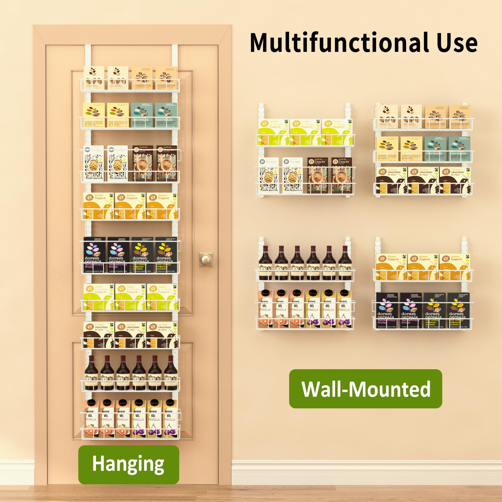 Churboro Over the Door Pantry Organizer Rack with 9 Adjustable Baskets, 9 Tiers Dual-use Hanging or Wall Mount Spice Rack Organizer, White