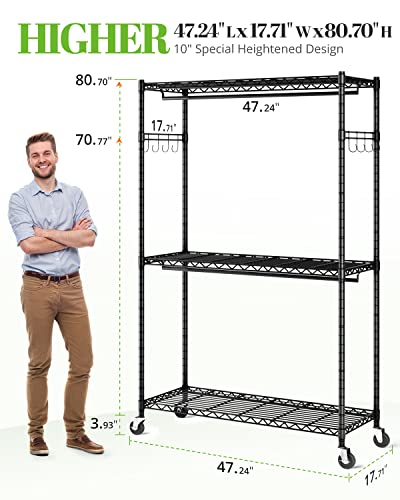 HOKEEPER Heavy Duty Wire Garment Rack Clothes Rack with Shelves and Double Rods, Rolling Clothing Rack for Hanging Clothes, Portable Freestanding Closet Storage Shelves Rack with Wheels and Hooks