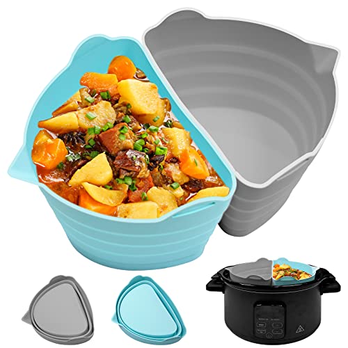 Silicone Crock Pot Liner-Crockpot Divider Insert Fit 6-8 Quarts, Reusable Slow Cooker Silicone Liner, Foldable&Dishwasher Safe (Blue+Grey)