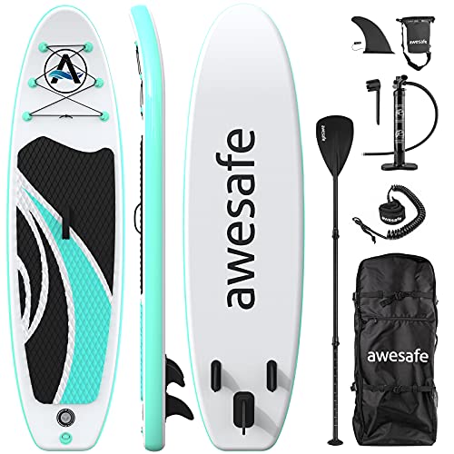 awesafe Inflatable Stand Up Paddle Board 10'x32''x6'' SUP with ISUP Accessories Backpack, Fin, Paddle, Double Action Pump, Leash, Waterproof Bag for Youth & Adult (Green)