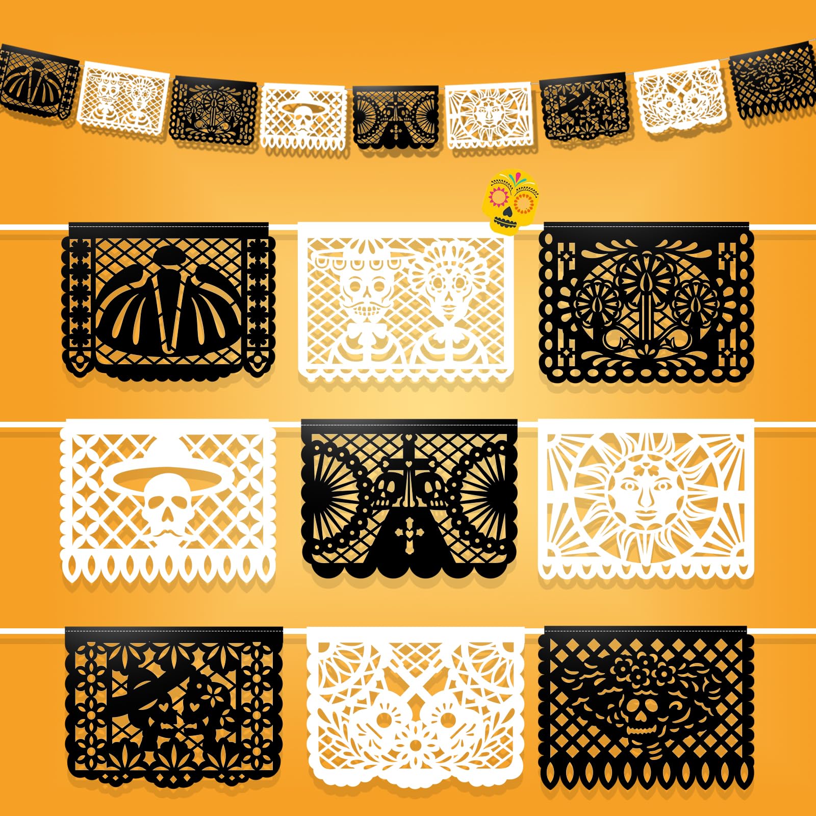 HOWAF 2 Pcs Plastic Papel Picado Day of The Dead Skull Bunting Banner Mexican Fiesta Banners Halloween Dia De Los Muertos Black White Skull Bunting Banner for Cinco De Mayo Decorations