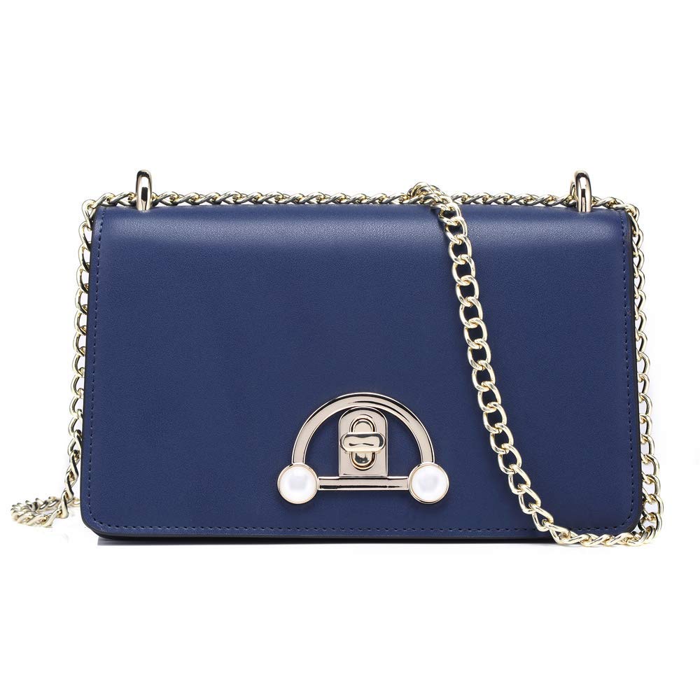 FT FUNTOR Leather Crossbody Bag for Women Shoulder Handbag Knob Lock with Chain (navy blue-A)