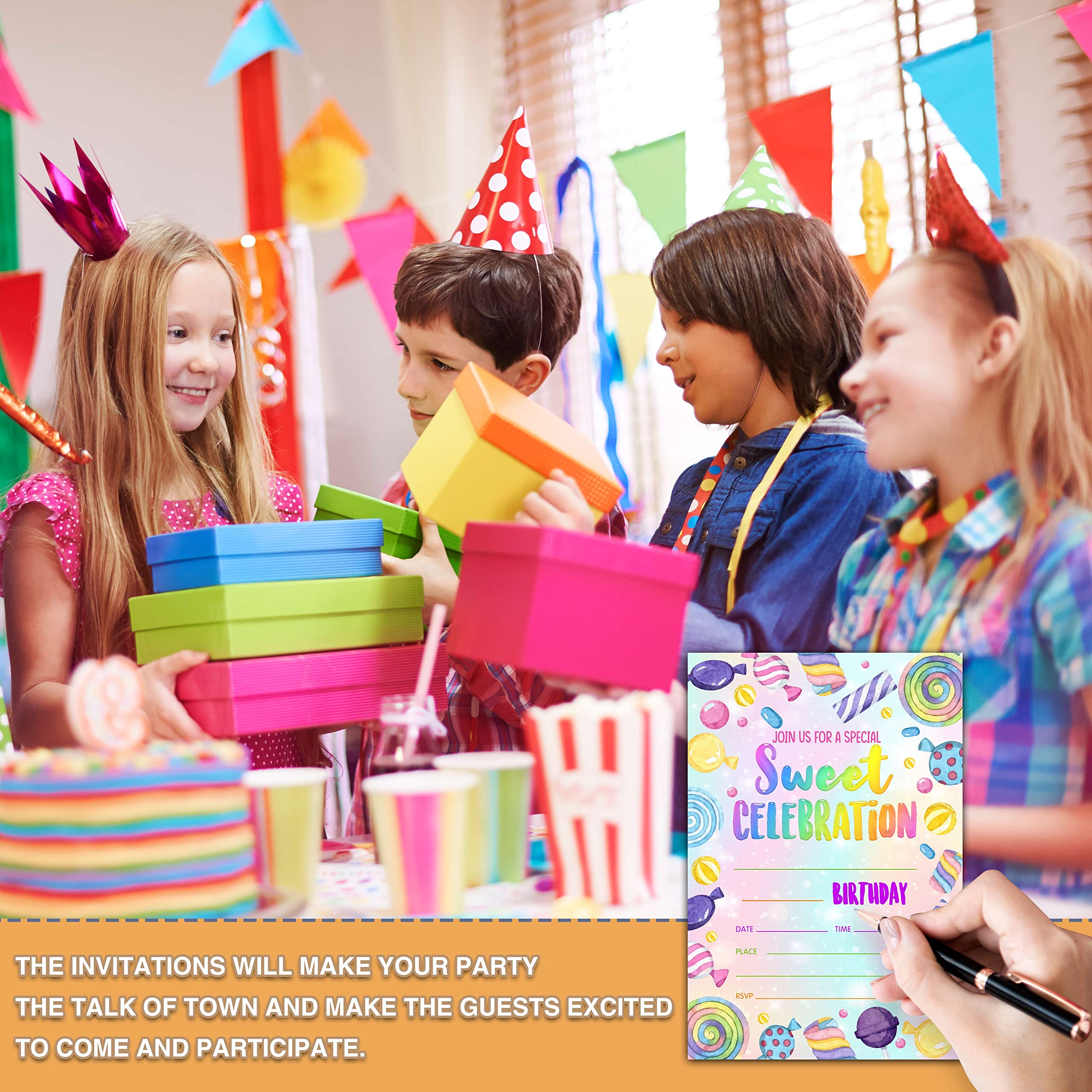Chuxvon Sweet Celebration Birthday Party Invitations, Sweet Candy Birthday Invitation, Double-Sided Rainbow Tie Dye Fill In Invites, Kids Birthday Party Decorations, 20 Cards With 20 Envelopes(C11)