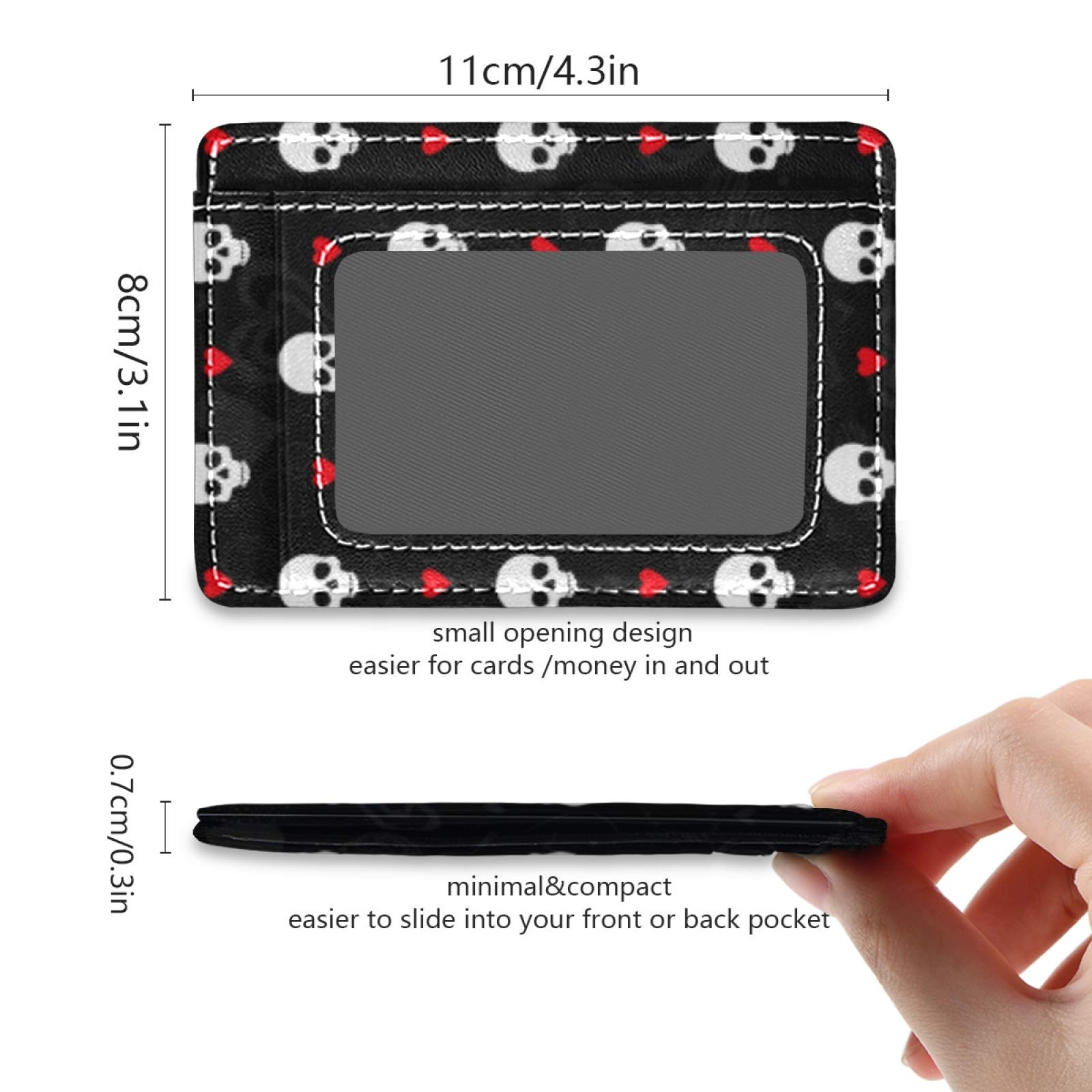 Linomo Thin leather Card Holder and Money Clip Sugar Skull Love Heart Pattern Wallet RFID Blocking for Men & Women