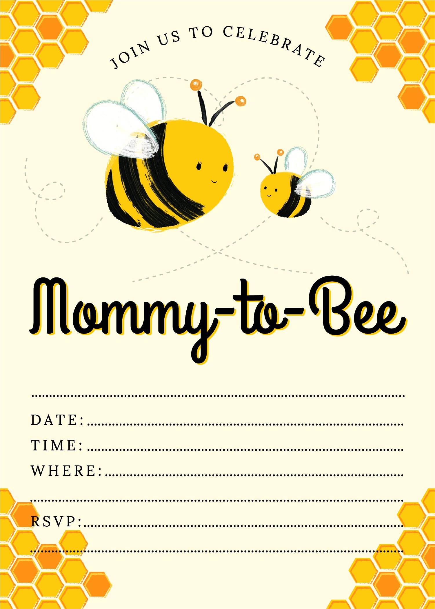Mommy-to-Bee Bumble Bee Gender Neutral Yellow Baby 5x7 Baby Shower Invites - 24 Invites and 24 White Envelopes