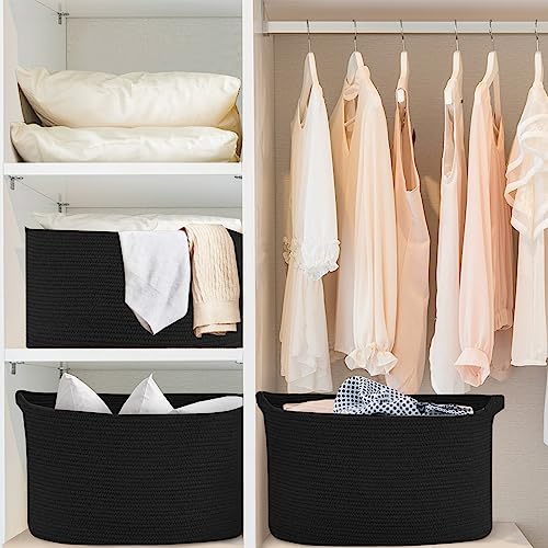 MEGASKET Extra Large Rectangle Storage Basket, 23.6" x 15.7" x 14.1" Black Blanket Basket Storage for Living Room, Large Soft Woven Cotton Rope Basket, Kids Toy Baskets Organizer Bins, Wicker Basket