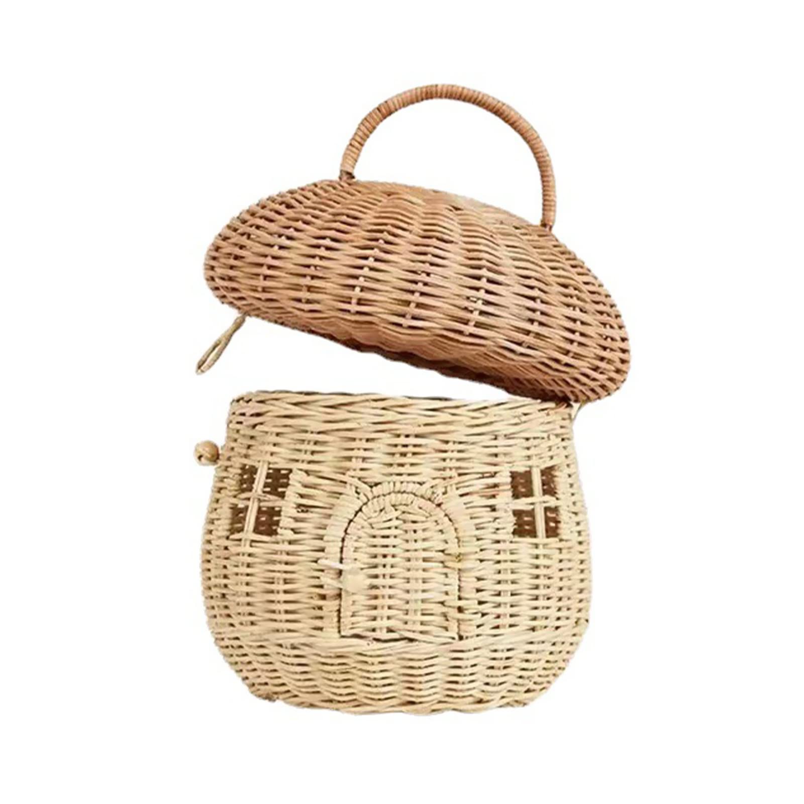 Wnvivi Mushroom Shape Rattan Storage Basket,Hand Woven Wicker Storage Bin with Handle and Lid,Cute Mushroom (25x25cm)