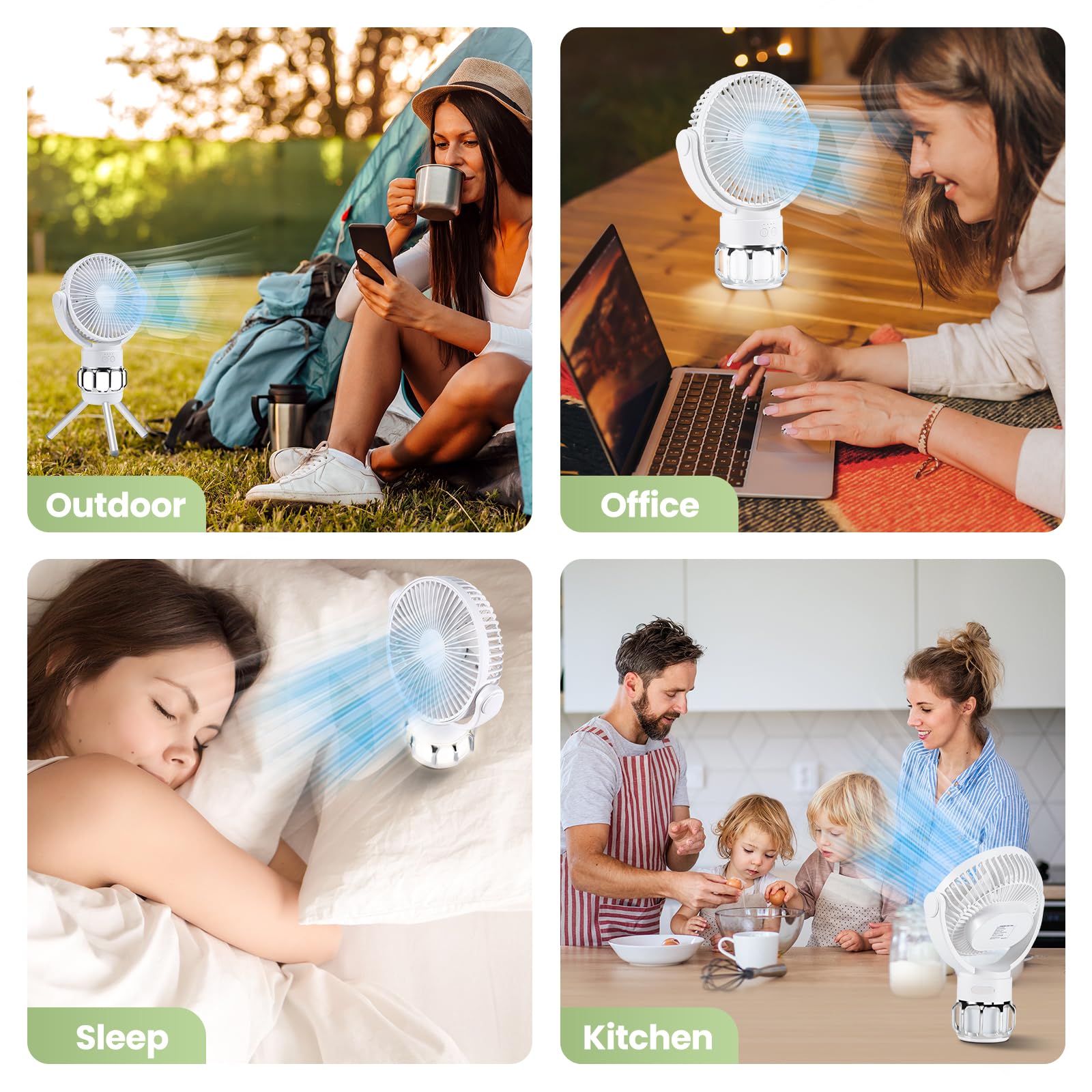 MAXEVE 3-in-1 Portable Camping Battery Powered Fan with LED Lantern, Fan 8H Timer 270°Rotation Battery Operated Fan, 10400mAh Rechargeable USB Desk Beach Fan with Hook&Tripod, Super Quiet