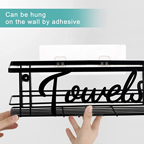 Happyhapi Towel Rack for Bathroom, Towel Rack with Metal Shelf and 6 Hooks, Bath Towel Holder, Towel Holder, Bathroom Towel Storage, Towel Storage Wall Can Holds Up to 3 Large of Rolled Towels, Black