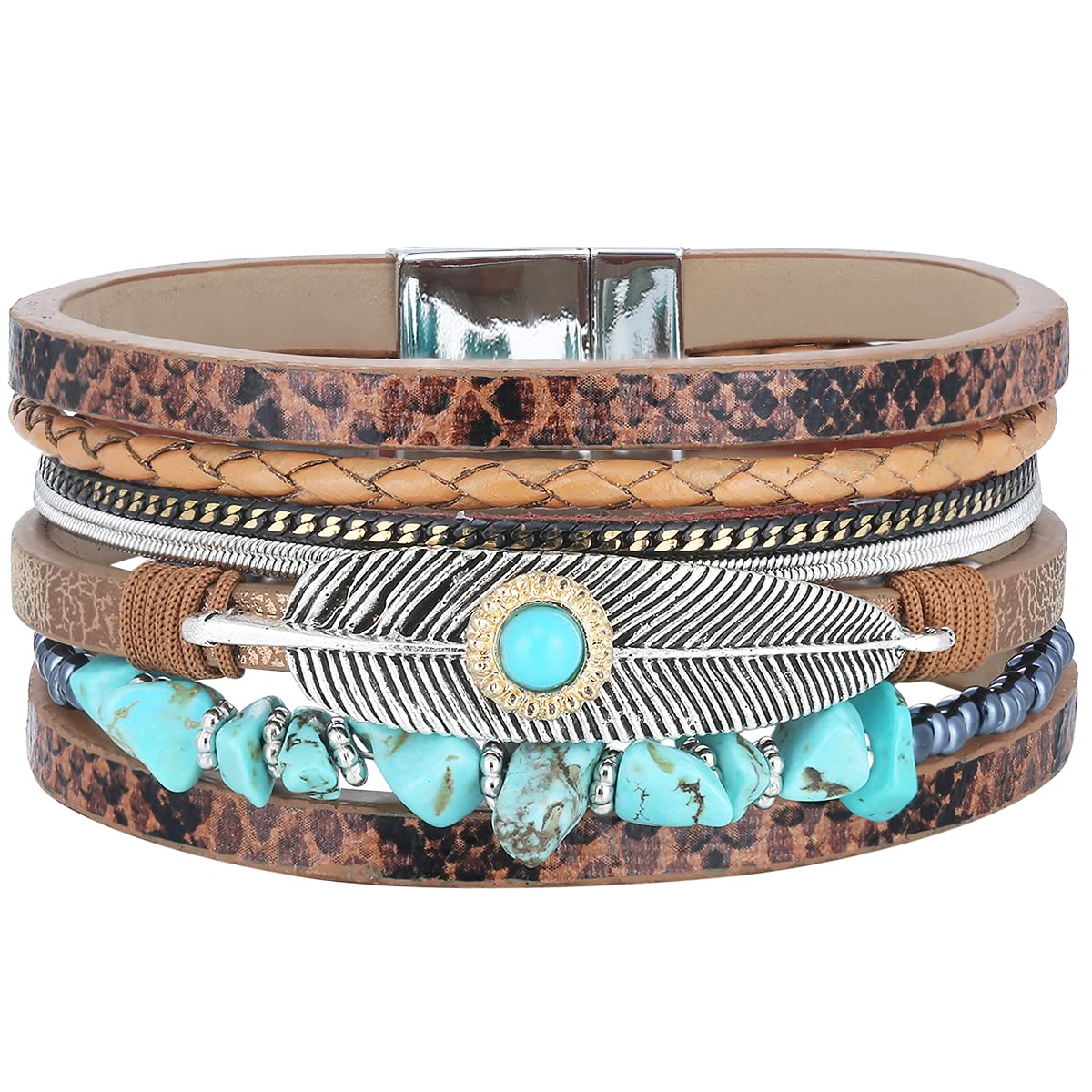 AZORA Turquoise Stone Leather Wrap Bracelet Feather Cuff Bracelets Bohemian Woven Bracelet for Women Gift Brown