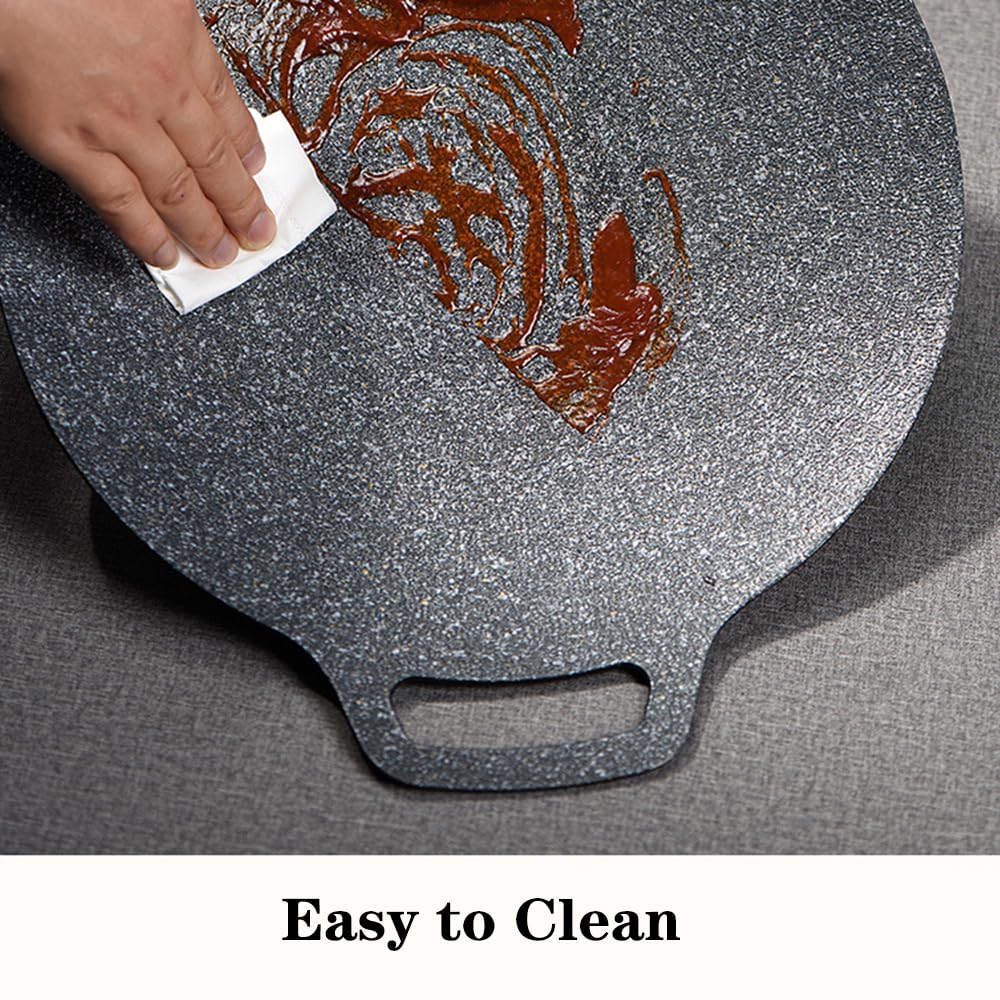 Korean BBQ Grill Pan 13.3inches, UNOSCHRIM Non-stick Grill Pan, Granite Coating Circular Grill Pan with Anti-Scalding Gloves and Food Clip, Suitable for Both Home and Outdoor Camping