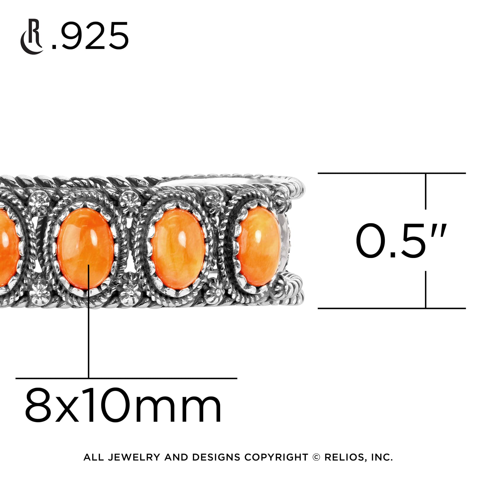 American West Sterling Silver Orange Spiny Gemstone 5-Stone Rope Cuff Bracelet Size Medium