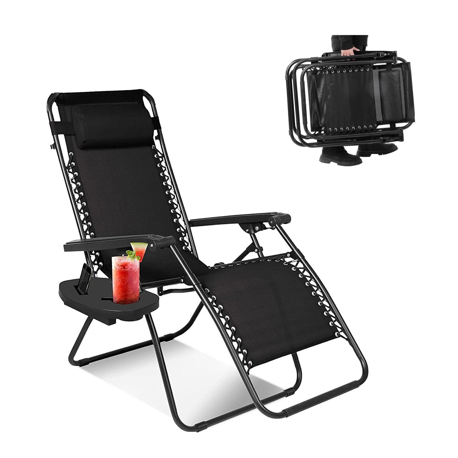 CYCLONE SOUND Adjustable Zero Gravity Folding Reclining Lounge Chair with Pillow,Anti-Gravity Chair for Indoor & Outdoor, Folding Reclining Chair w/Side Tray