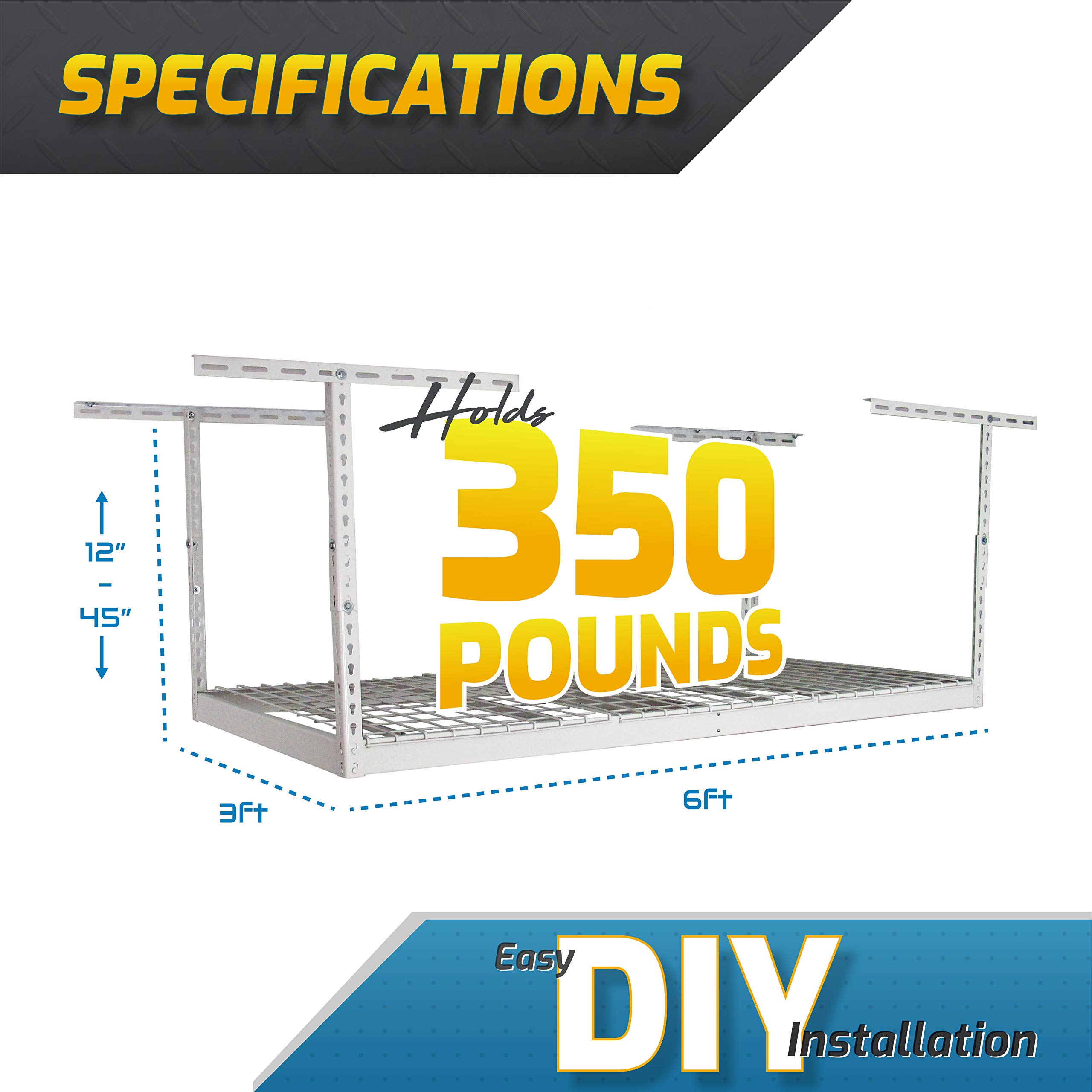 MonsterRax Overhead Garage Storage Rack - Heavy Duty Racks for Garage with 400 lb Capacity, Easy Garage Shelving, Adjustable Storage Rack, Ceiling Mount Storage Shelves 3x6 White (18"-33")