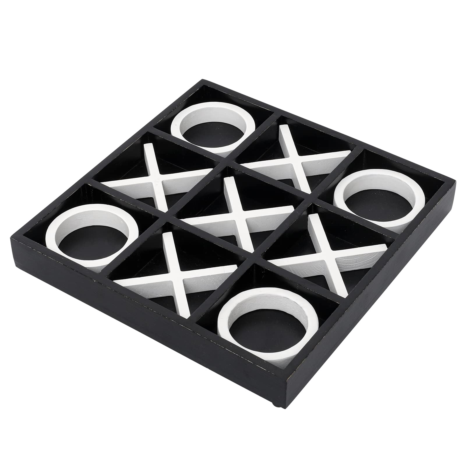 FUIN Wood Tic Tac Toe Decorative Board Game Set for Coffee Table Decor, 14" x 14", Black and White