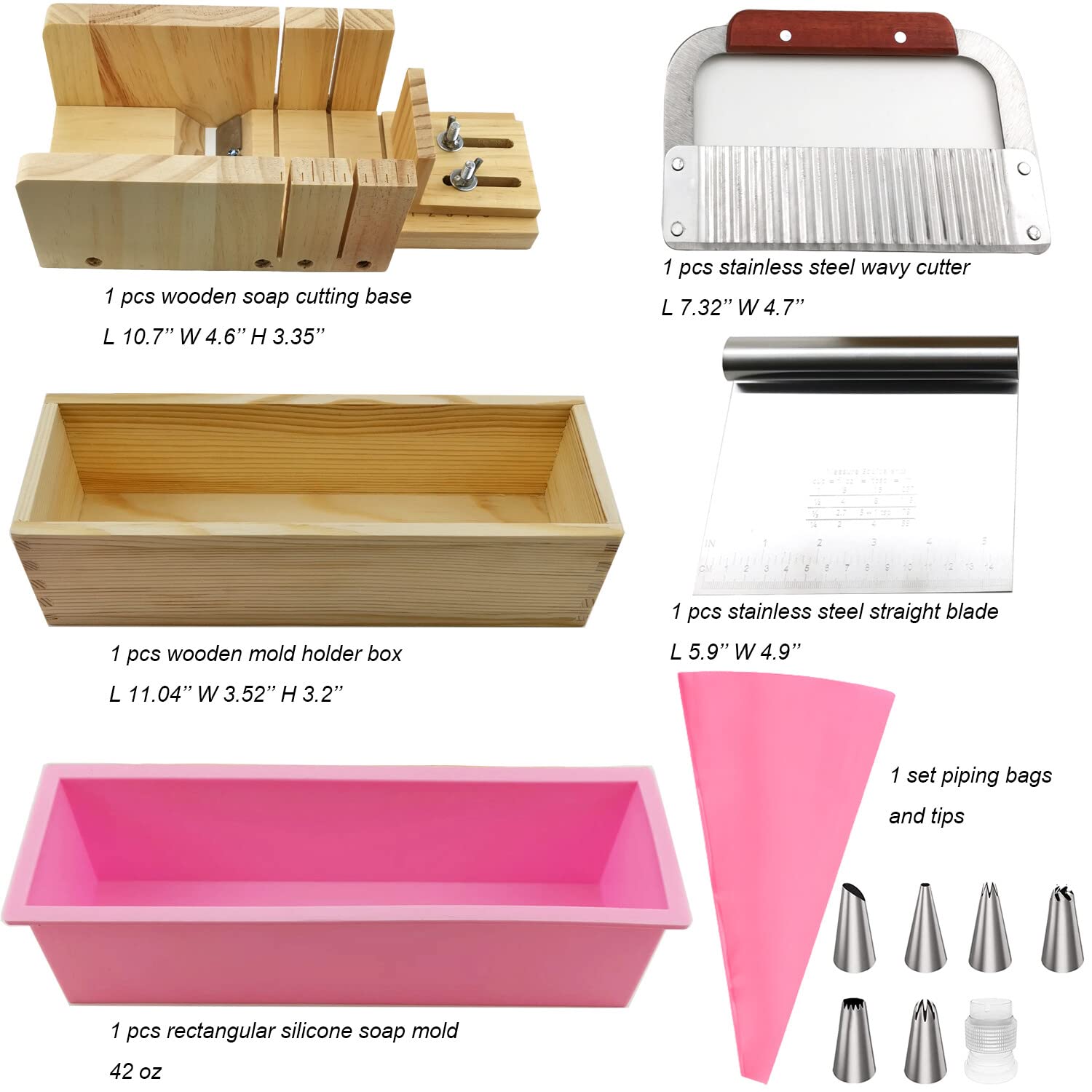 Artisanal Soap Making Tool Kits - 1 Set Wooden Soap Cutter with 2 Loaf Cutters, 1 Pcs 42 oz Rectangular Silicone Soap Mold with Wood Box, 1 Set Piping Bags and Tips