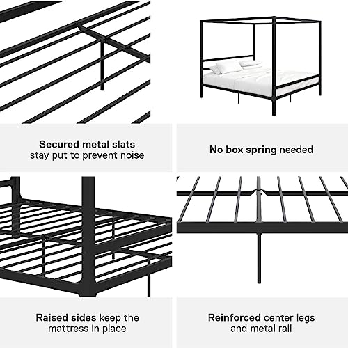 DHP Modern Metal Canopy Platform Bed with Minimalist Headboard and Four Poster Design, Underbed Storage Space, No Box Spring Needed, King, Black