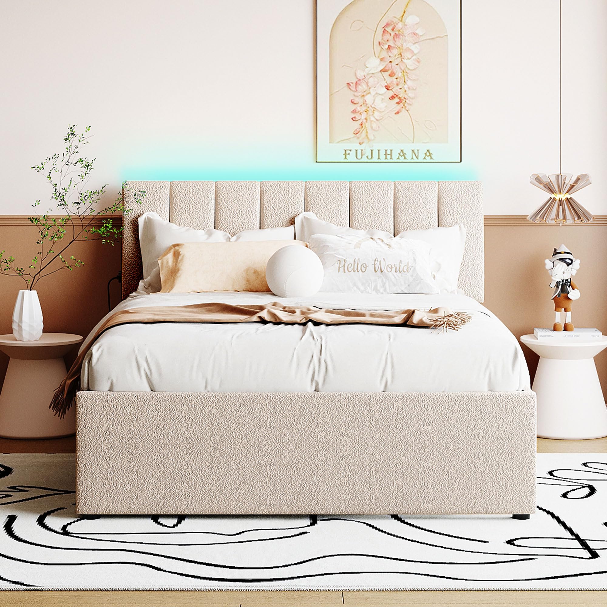 Brisca Full Size Teddy Fleece Upholstered Platform Bed with Trundle and LED,Bed Frame W/Stripe Designed Headboard,for Bedroom,Apartment,Guest Room,Beige