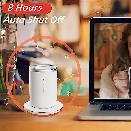 MugAnime Thermostatic Auto Stirring Coffee Mug, Warmer Control Stirring for Coffee,Tea,Cocoa,Milk.Stir 2 min Keep 131℉/55℃ 8 Hour(with Lid) White11 oz Electric Mixer Mug