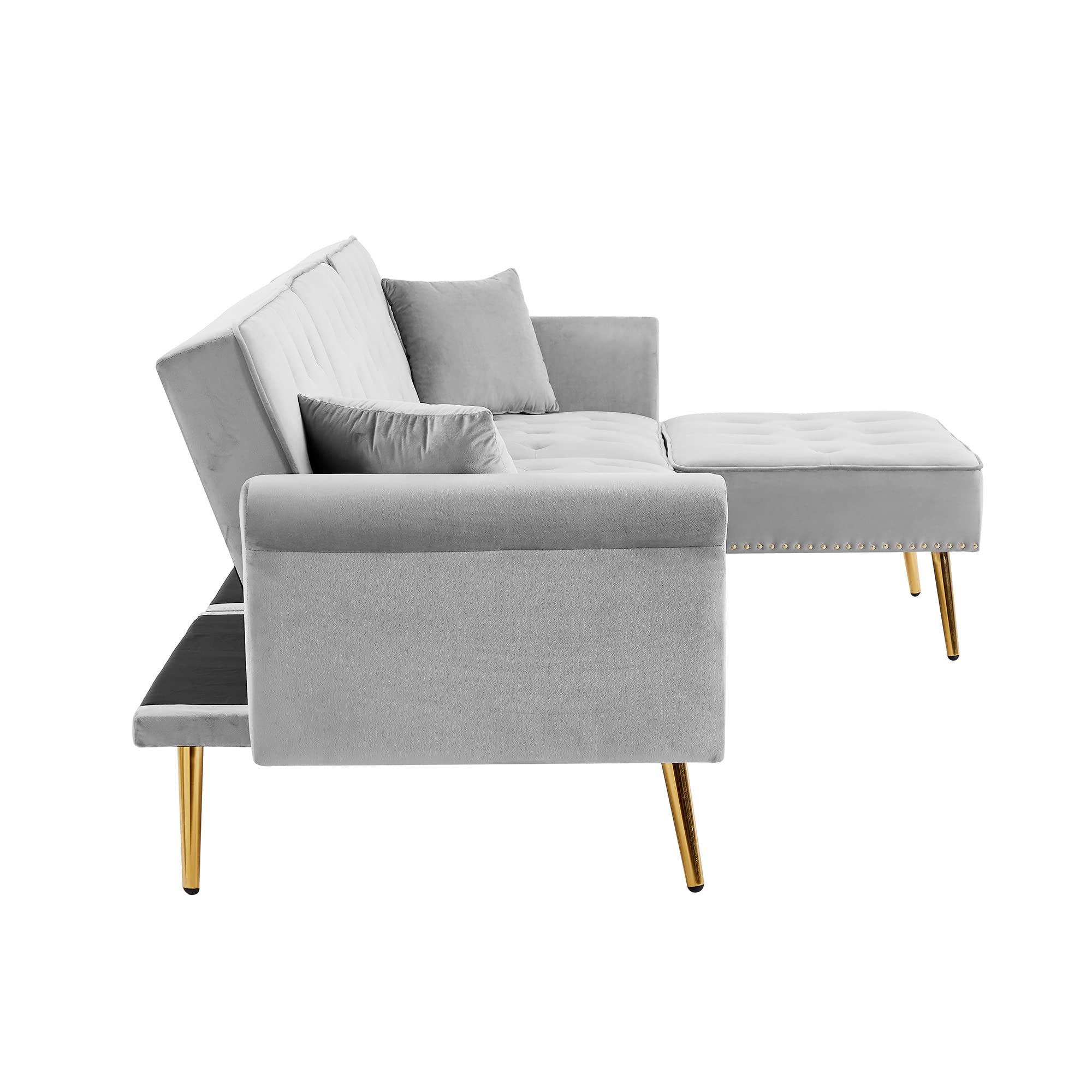 Hommoo 110β Modern Reversible Sectional Couch for Living Room Velvet L Shaped Couch with Removable Ottoman Nailhead Trim 3 Seater Sofa with Metal Gold Legs Light Gray