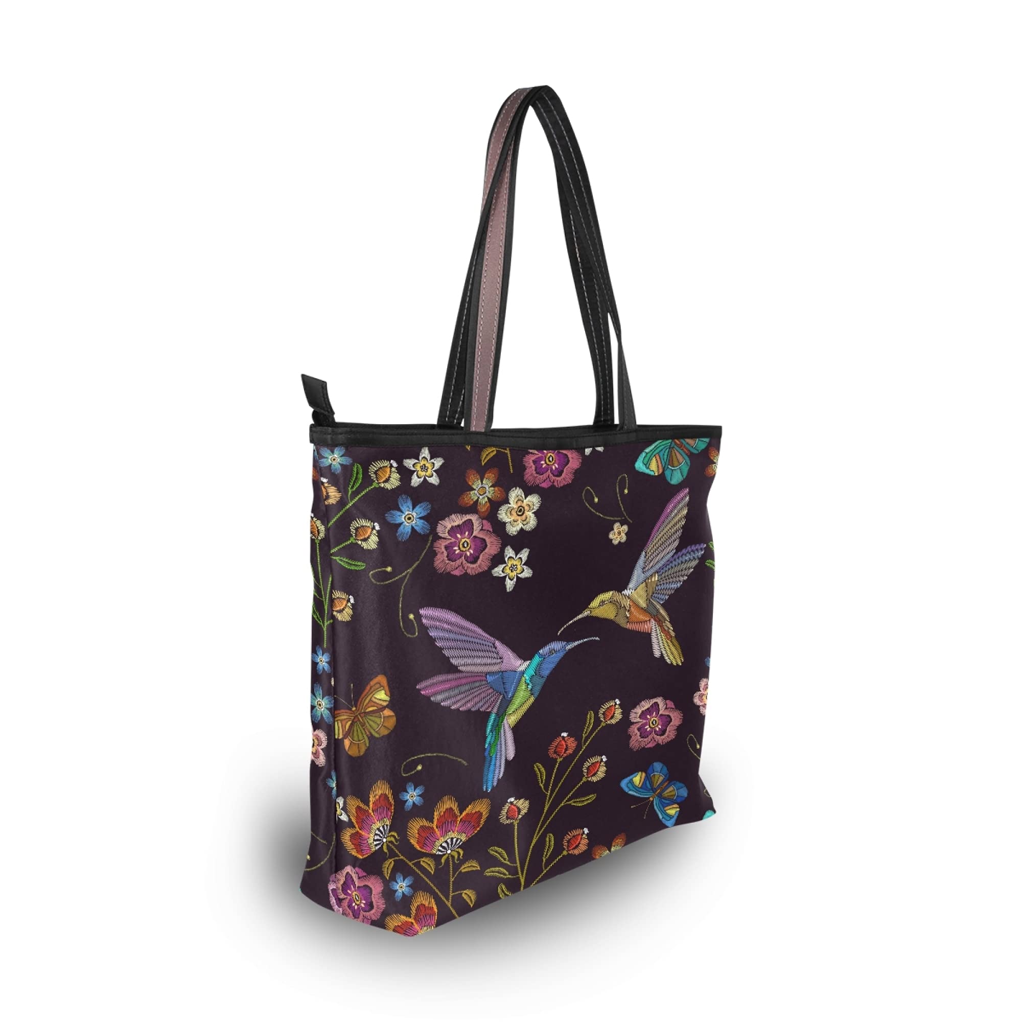 linqin Women's Shoulder Handbags Tote Purse with Zipper closure Humming Bird And Tropical Flowers Embroidery