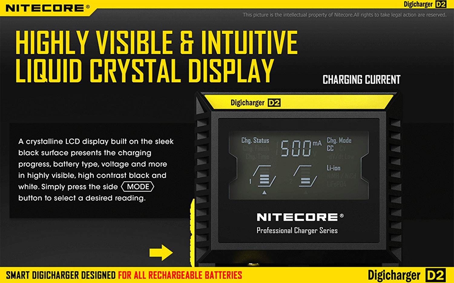 Nitecore D2 Charger with LCD Display Universal Smart Charger For Rechargeable Batteries IMR/Li-ion/LiFePO4/Ni-MH/Ni-Cd