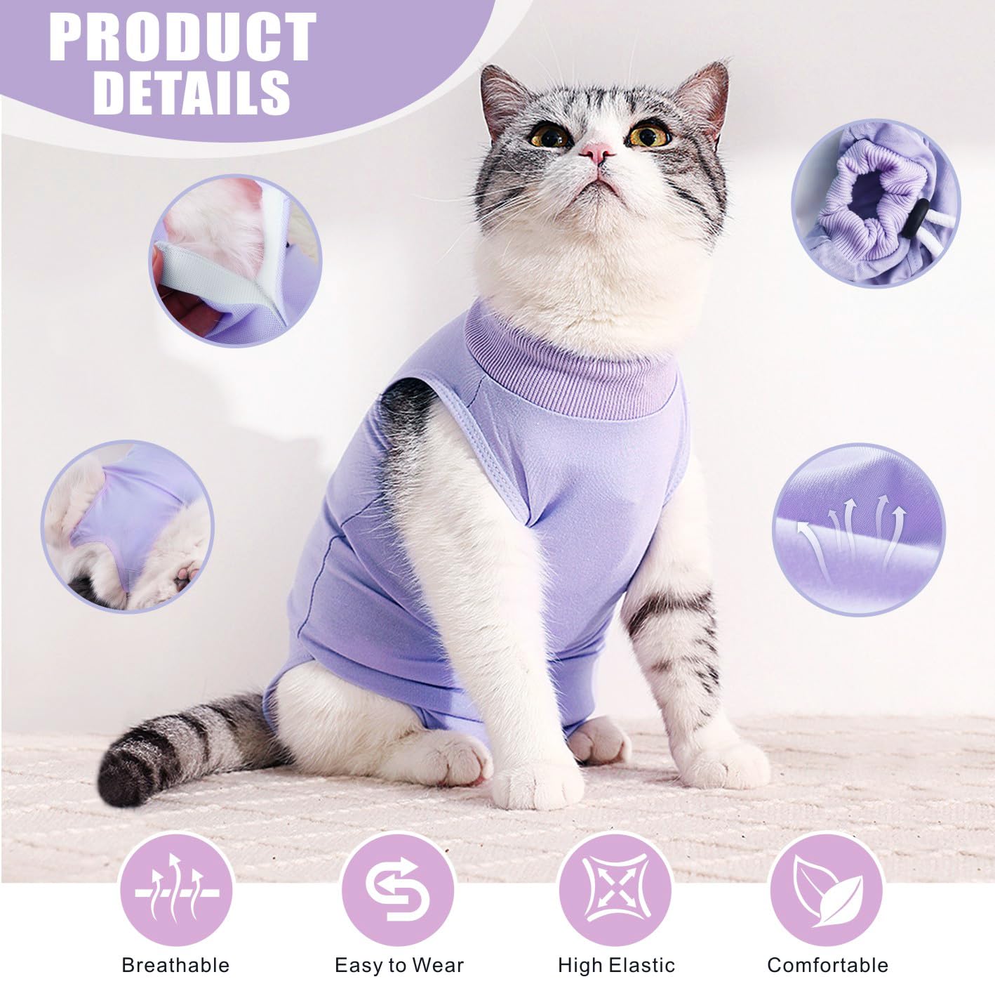 Idepet Cat Surgery Recovery Suit Kitten Onesie for Cats After Surgery Female Breathable Kitty Spay Suit for Abdominal Wound Skin Diseases E-Collar Alternative Wear(Purple,M)
