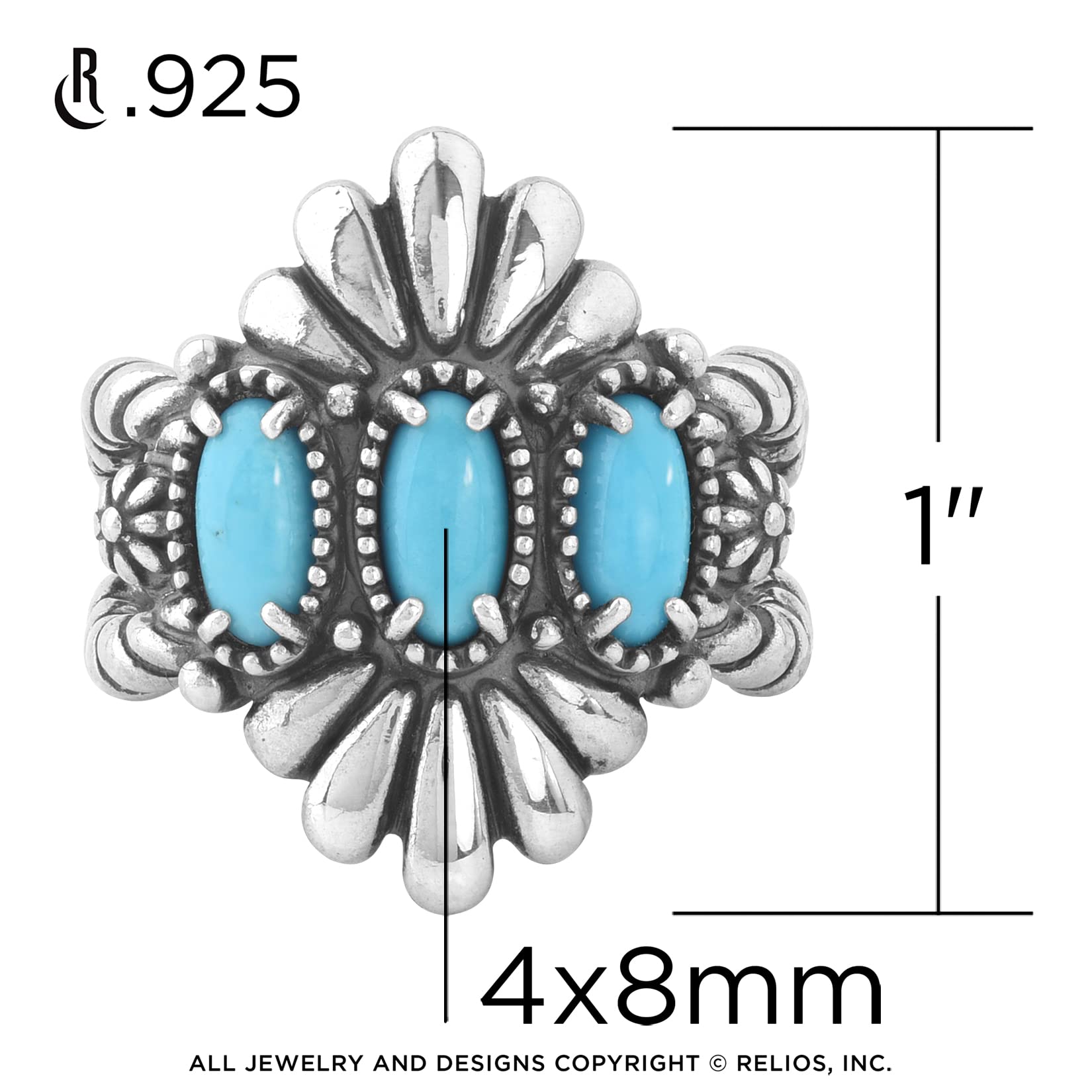 American West Sterling Silver Women's Ring Sleeping Beauty Turquoise Three Gemstone Design Size 8