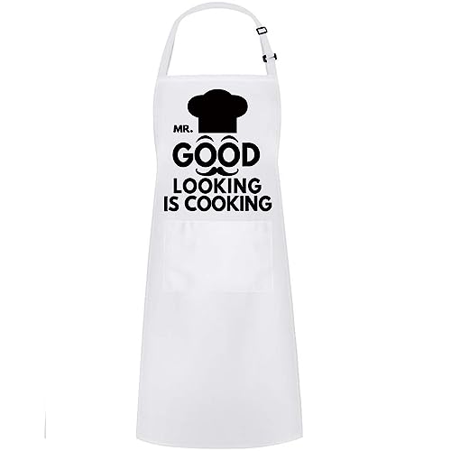 Hyzrz Funny Aprons for Men, Women - Mr. Good Looking is Cooking - Gifts for Fathers Day, Mothers Day, Birthday - Cooking Grilling BBQ Chef Apron (White)