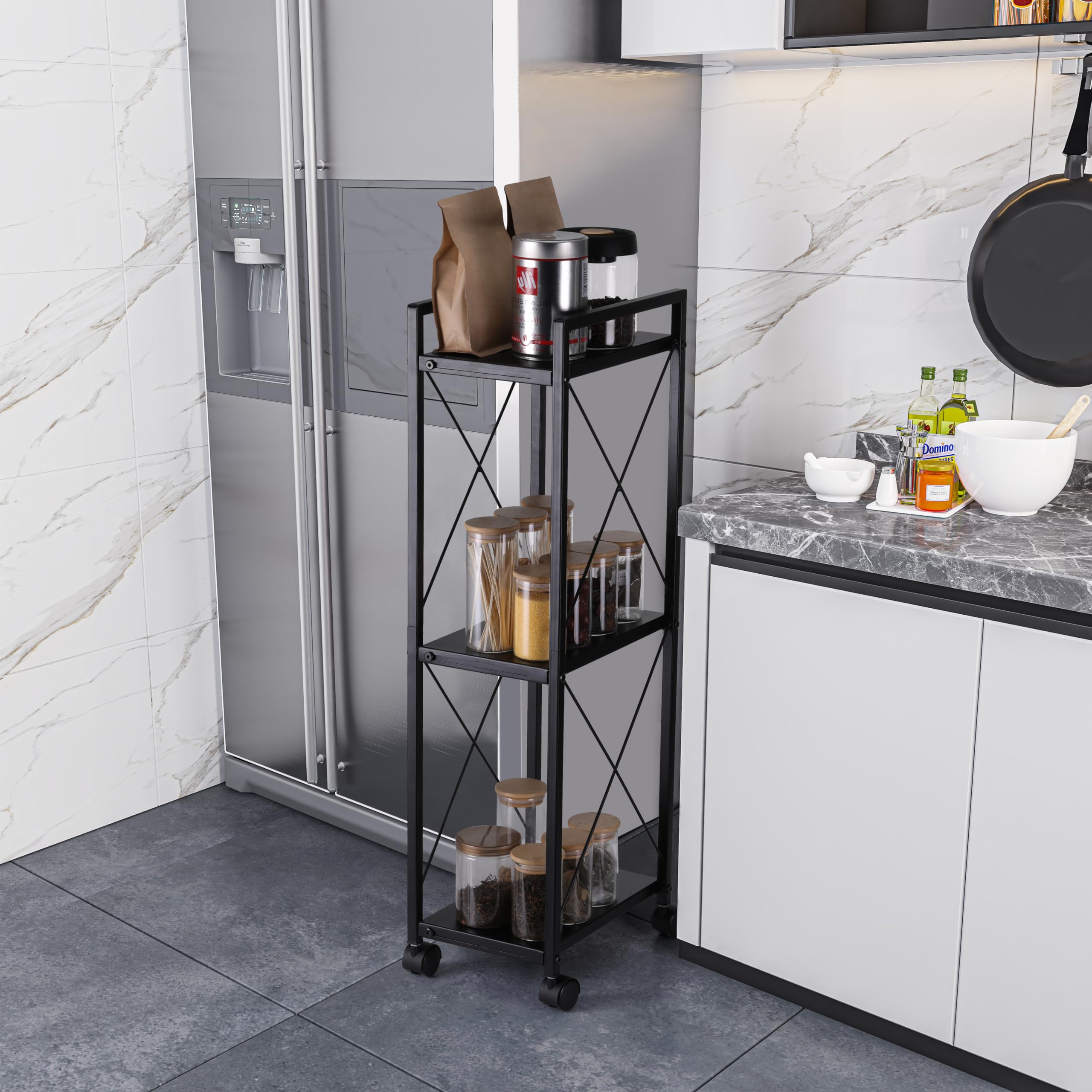 Boulphia 3 Tier Narrow Shelf Unit for Small Spaces, Shelf Between Washer and Dryer, Expandable, Narrow, Laundry Shelf Between Washer and Dryer, Ideal for Bathroom, Kitchen, Storage, Laundry