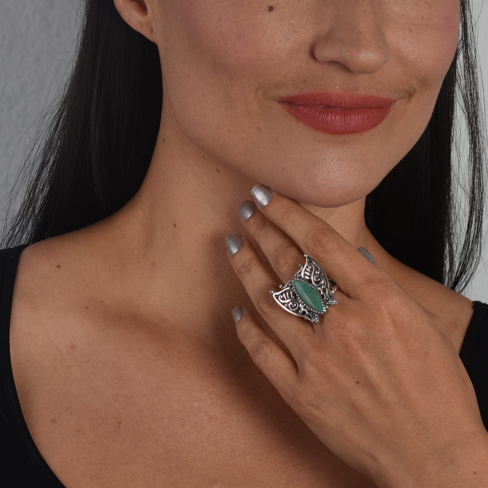 American West Sterling Silver Women's Ring Green Turquoise Gemstone Butterfly Design Size 8