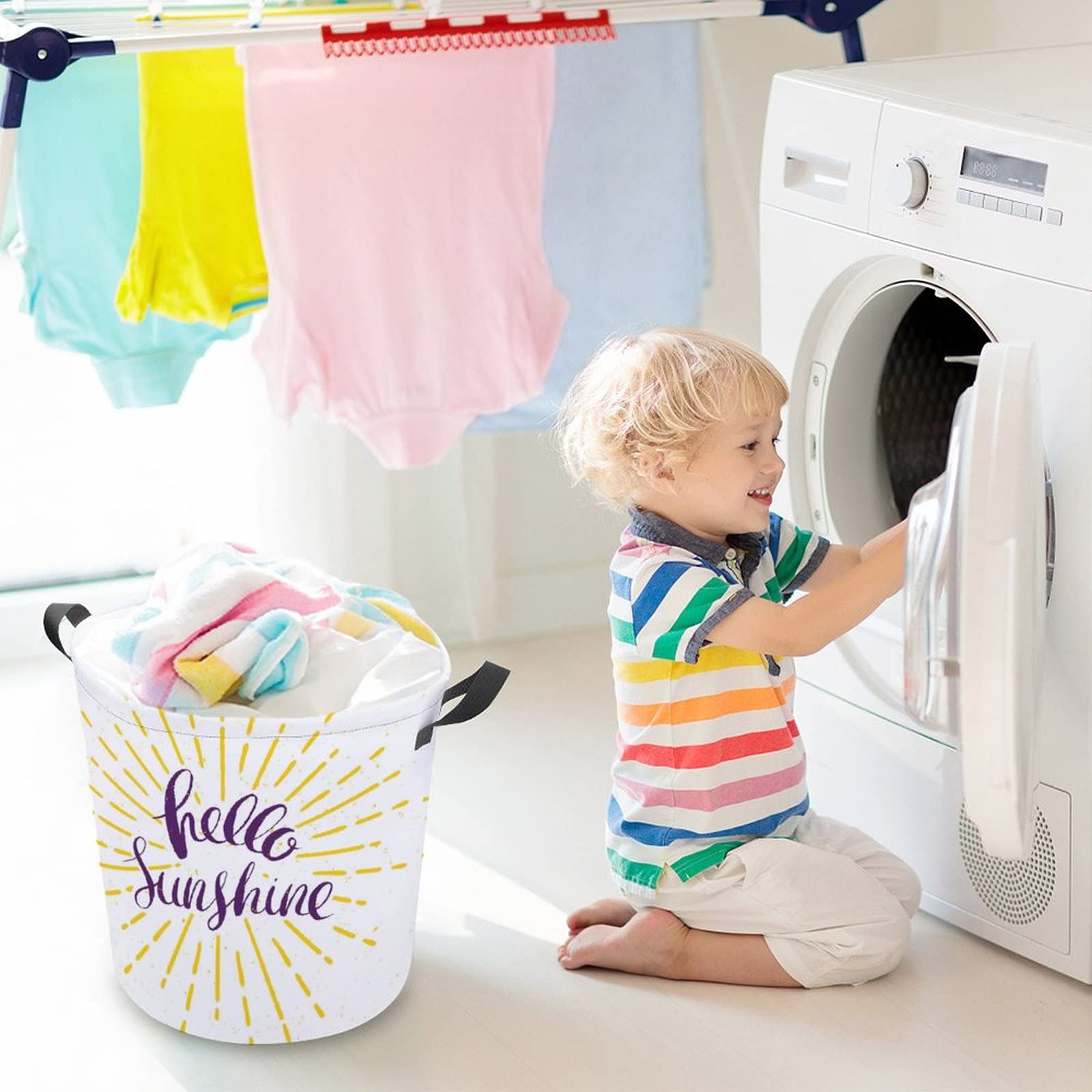 Oyihfvs Yellow Burst Hello Sunshine Collapsible Waterproof Laundry Hamper with Handles, Tall Washing Storage Large Organizer Round Basket Bin for Toys Clothes