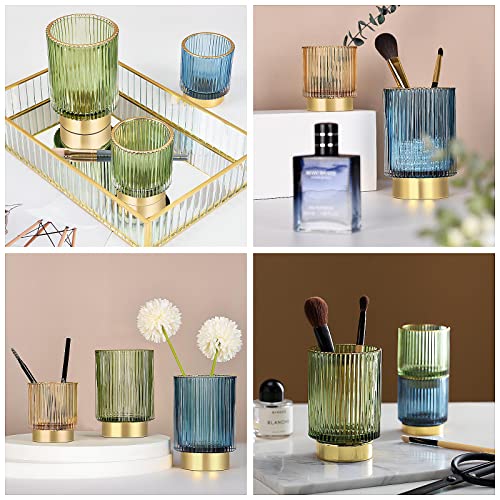 DASITON Makeup Brush holder Organizer,Crystal Cosmetic Makeup Brush Glass Brushes Storage Holder, Vintage Make Up Brush Cup Pen Pencil Holder striped vase(Green S+L