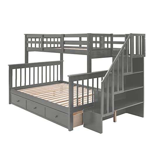 Harper & Bright Designs Twin Over Full Bunk Bed with Stairs, Solid Wood Stairway Bunk Bed Frame with Storage Drawers for Kids Teens Adults, Bedroom, Dorm (Gray)